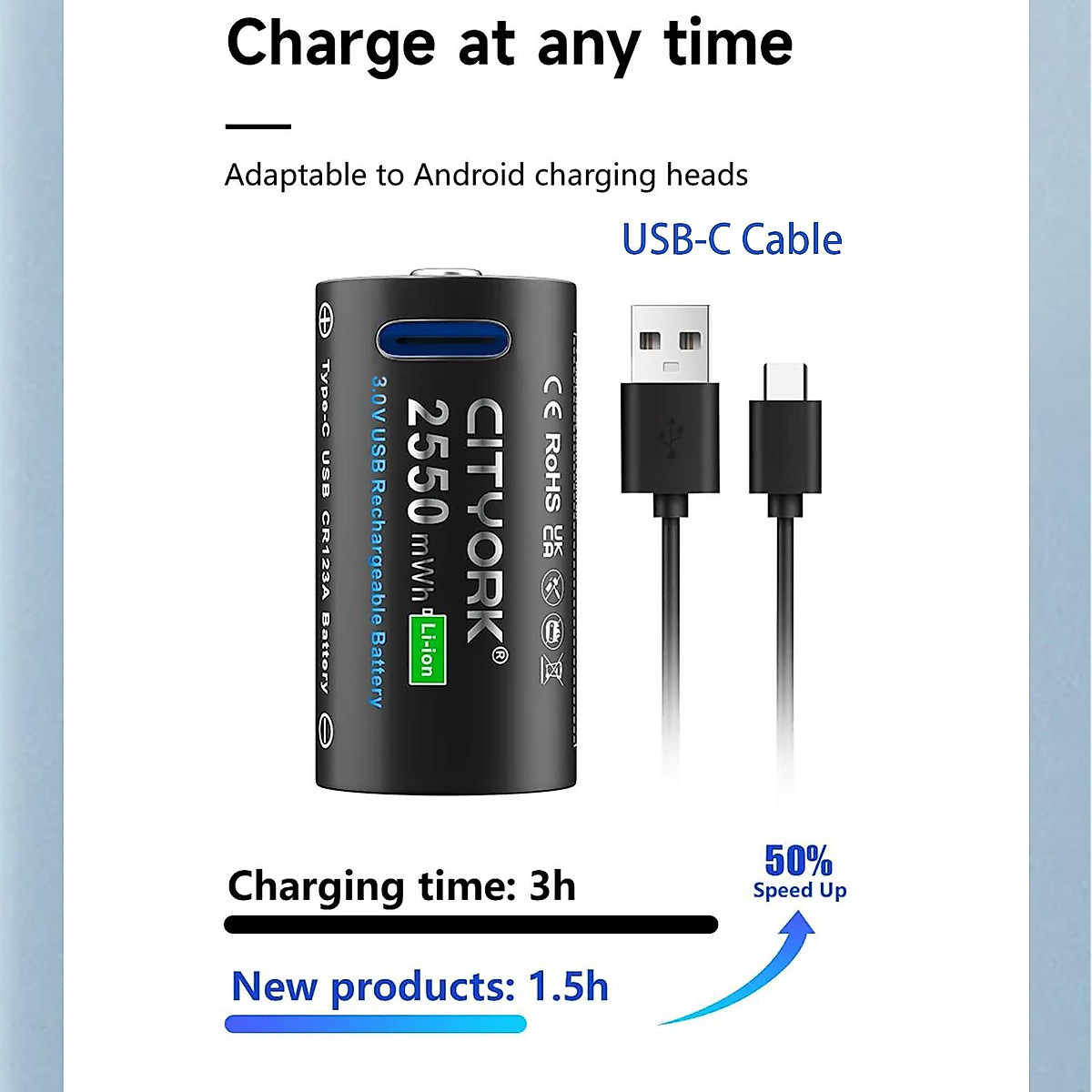 CITYORK CR123A 2550mWh Lithium Battery 6 Pack, 2550mWh CR-123A Lithium Battery for High Intensity Flashlight, Home Safety, Security Devices with 4 in 1 USB-C Cable（Not D Size Battery）