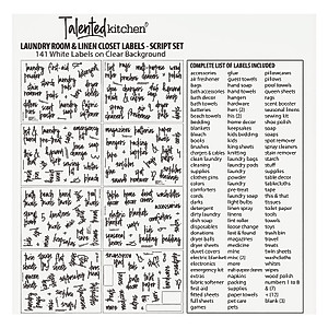 Talented Kitchen 141 Laundry Room Labels for Jars and Containers, Preprinted White Script Stickers for Linen Closet, Bathroom Organization, Cleaning Supplies (Water Resistant)