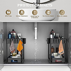 KOCWELL 2 Tier Under Sink Organizer and Under Sink Mat 34" x 22" Set, Sliding Under Bathroom Cabinet Storage Drawer Organizer with Hooks, Hanging Cup, Multi-purpose Under Sink Shelf Organizer