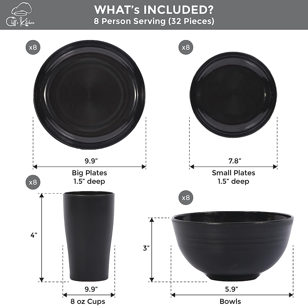 32 Pcs Wheat Straw Dinnerware Sets-Black Dinnerware Sets For 8- Unbreakable Outdoor Camping Dishes With Large Plates, Bowl And Cup Set-BPA Free,Lightweight,Microwave Safe Wheat Straw Plates And Bowls