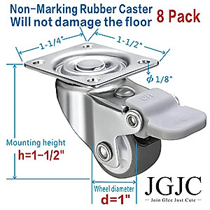 8 Pack 1 inch Low Profile Casters (d=1", h=1-1/2"), Small Wheels for Furniture Locking Casters with Swivel Top Plate (1-1/2"×1-1/4"), Mini Rubber Castor Wheels Protect Wood Floors, with 32pcs Screws
