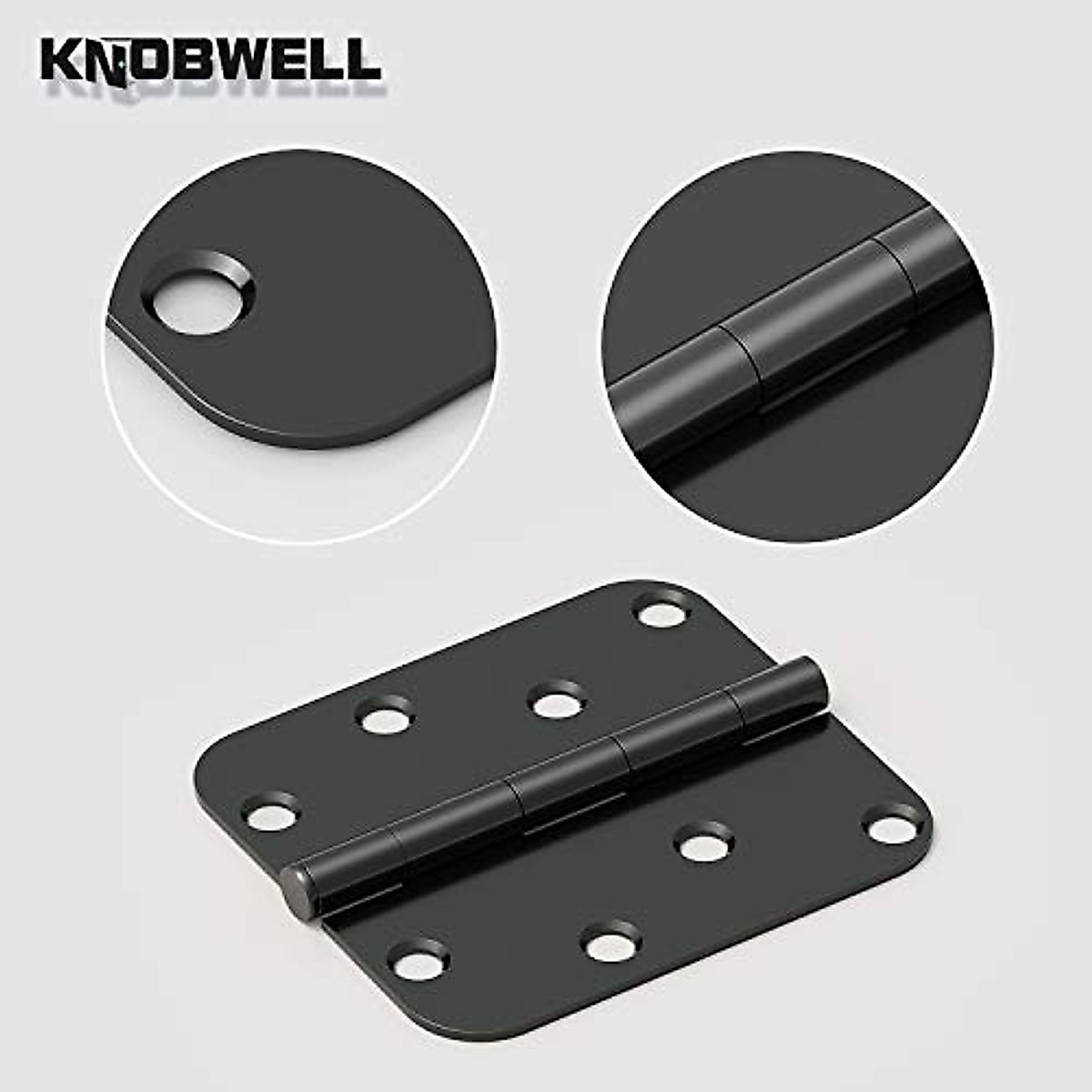 KNOBWELL 3 Pack 8-Hole 5/8-Inch Radius Door Hinges for Interior and Exterior Door Use, 4-Inch by 4-Inch Matte Black Door Hinges