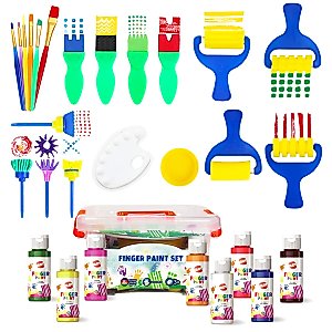 Early Learning Kids Paint Set Washable Finger Paint with Assorted Painting Brushes Sponges Portable Case for Kids Toddlers Drawing Gifts Age 3+