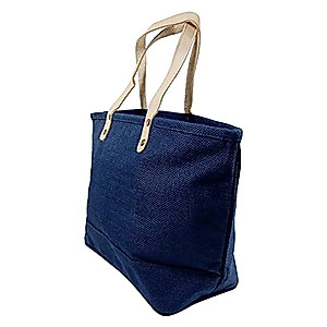 Jute Tote Bag With Leather Handles - Burlap Tote Bags With Zipper, Burlap Purse, Shopping tote Bag for women, Handbag (Navy Blue)