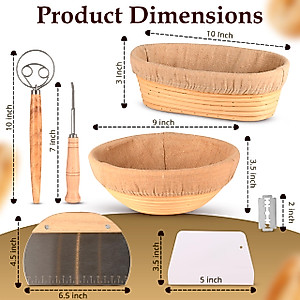 Banneton Bread Proofing Basket Set of 2-9 inch Round & 10 inch Oval Sourdough Basket, Sourdough Bread Kit with Bread Lame, Dough Scraper, Dough Whisk and Linen Liners, Bread Making Tools and Supplies