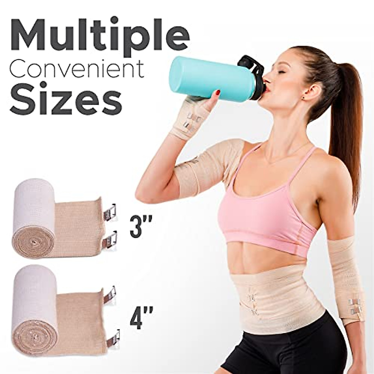 Premium Elastic Bandage Wraps (4" 2pack & 3" 2Pack) Metal Clip Fasteners - GT Latex Free Roll for Sprains & Injuries