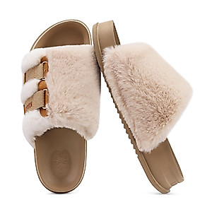 KuaiLu Womens Slides Soft Cushion Faux Fur Sandals for Women Open Toe House Slipper with Arch Support Ladies Slip On Fuzzy Platform Slipper Indoor Outdoor,Beige Size 10