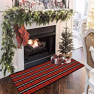 Buffalo Plaid Outdoor Rug Christmas Door Mat Christmas Decor Welcome Rug Cotton Hand-Woven Layered Door Mats for Front Porch, Kitchen, Farmhouse, Entryway (24"x51", Red/Black/White)