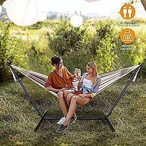 SUPER DEAL Portable Hammock with 9FT Space Saving Steel Stand, Double Brazilian Heavy Duty 620lb Capacity 2-Person Hammock with Carrying Case, 6 Optional Hook Positions for Camping Garden Yard Patio
