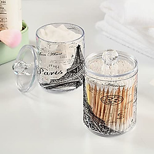 WELLDAY Apothecary Jars Bathroom Storage Organizer with Lid - 14 oz Qtip Holder Storage Canister, Paris Eiffel Tower Clear Plastic Jar for Cotton Swab, Cotton Ball, Floss Picks, Makeup Sponges,Hair Cl