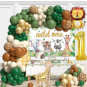 Wild One Birthday Decorations For Boys Safari Balloon Arch With Wild One Banner Backdrop, Tablecloth, Gold 1 Balloons And Animal Foil Balloons For Jungle Baby Shower Boy 1st Birthday Decorations
