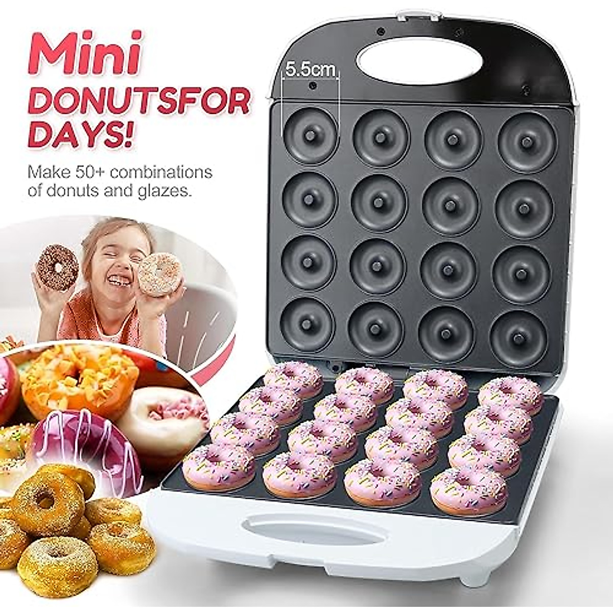 Mini Donut Maker,Mini pancakes maker Machine for Breakfast, Snacks, Home Bakery Dessert Shop Mall Dessert Shop and More & More with Non-stick Surface,Double-sided Makes 16 Doughnuts -(US 110V) White