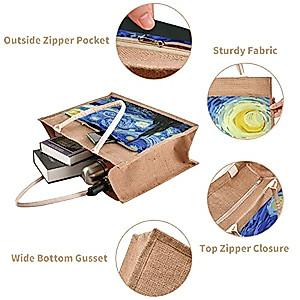 CaTaKu Van Gogh The Starry Night Jute Tote Bags with Handles & Zipper Reusable Shopping Grocery Bags Burlap Bags with Front Canvas Pocket Gift Bags for Wedding 12" x 9"