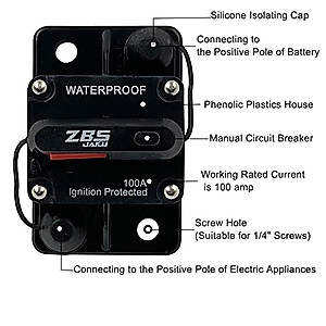 ZBSJAKU 100 Amp Circuit Breaker with Manual Reset, 12V- 48VDC, Waterproof Auto Car Protection Stereo Switch for Car Audio System Protection (100A)