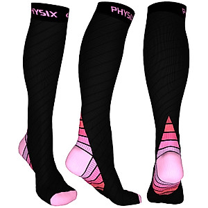Physix Gear Compression Socks 20-30 mmHg - Men & Women - Running, Nurses, Shin Splints, Flight, Travel (BLACK / PINK-L/XL)