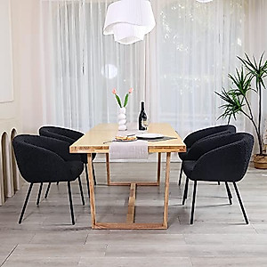 ONEVOG Upholstered Modern Sherpa Chairs for Makeup Vanity Desk, Black Boucle Dining Chairs wtih Arms, Curved Back, Metal Legs, Cozy Kichen & Dining & Living Room Cushioned Seats Set of 2