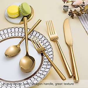 Kelenfer Silverware Set Flatware Set Shiny Gold Cutlery Set with Hexagon Handle Forged Stainless Steel Heavy 20 Pieces For Home Hotel Use Service for 4