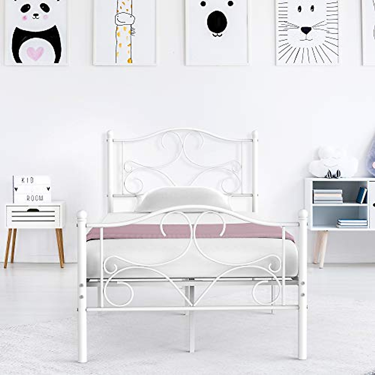 IDEALHOUSE Twin Size Bed Frame for Kids- Metal Platform Curved Bed Frames with Headboard Footboard No Box Spring Needed White, 78.7’’L ×39.3’’W ×42.5’’H