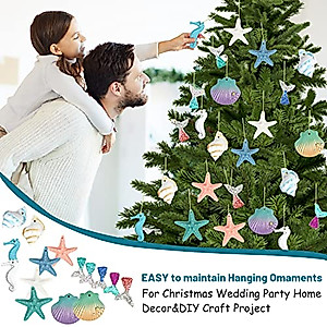 LOMIMOS 36PCS Christmas Ocean Themed Ornament,Colorful Summer Resin Pencil Finger with Rope,Assorted Beach Seashell Starfish Seahorse Nautical Hanging Decor for Wedding Birthday Party Craft