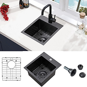 VCCUCINE Black Bar Sink Drop in, 13 x 15 Inch Topmount RV Small Kitchen Sink, Handmade Stainless Steel Wet Bar Sink, Outdoor Single Bowl Prep Sink with Dish Grid & Drain
