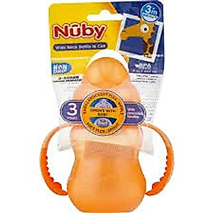Nuby 3-Stage Wide Neck No Spill Bottle with Handles and Non-Drip Juice Spout, 3 Months, 8 Ounce, Orange