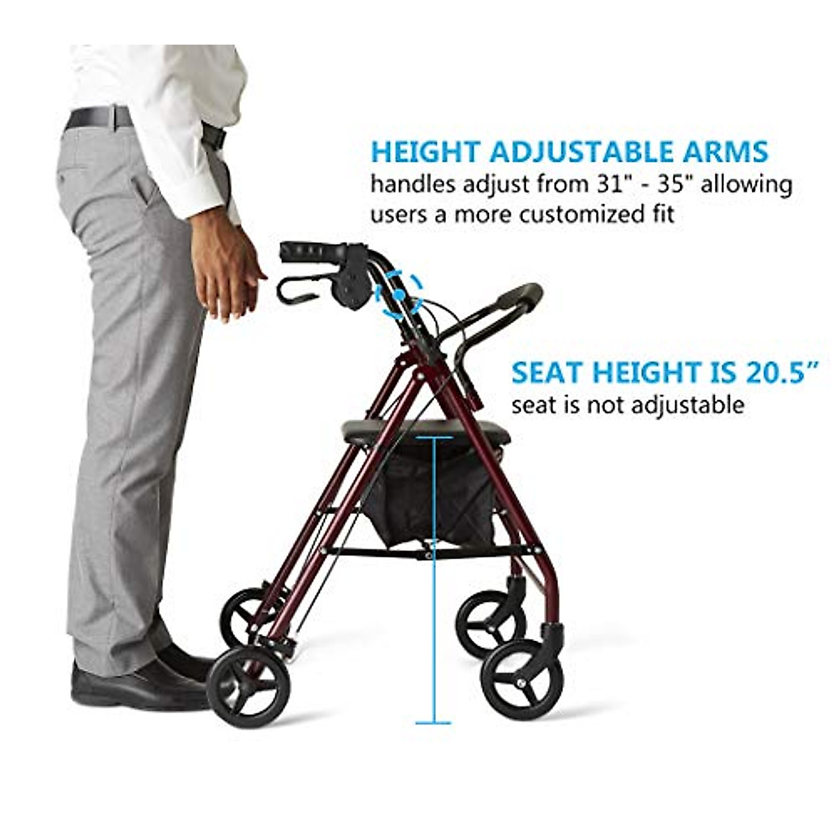 Medline Rollator Walker with Seat, Steel Rolling Walker with 6-inch Wheels Supports up to 350 lbs, Medical Walker, Burgundy