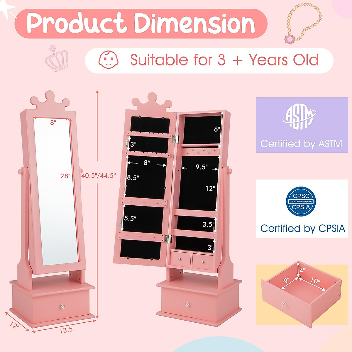 Costzon Kids Jewelry Armoire Cabinet, 45” Standing Jewelry Organizer with Full-Length Mirror, 3 Storage Drawers, Kids Vanity Dress Up Mirror Jewelry Cabinet for Girls (Pink)