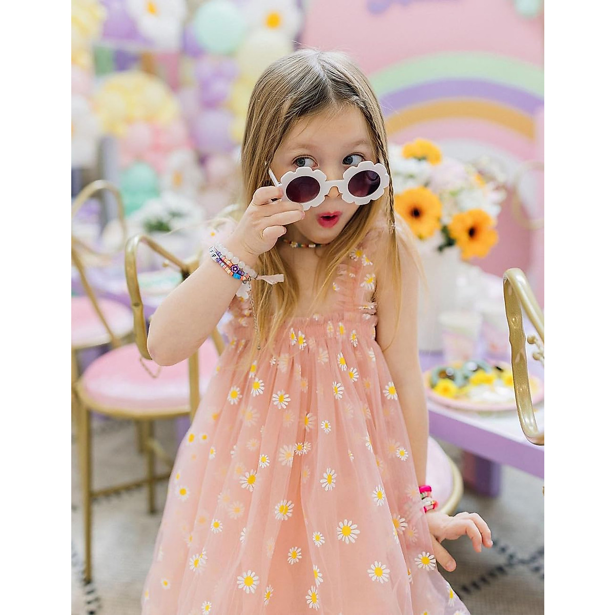 AGQT Baby Girls Daisy Tutu Dress Sleeveless Tulle Tutu Dress Princess Birthday Party Dresses Babydoll Pink Daisy-Lace Size 12-18 Months