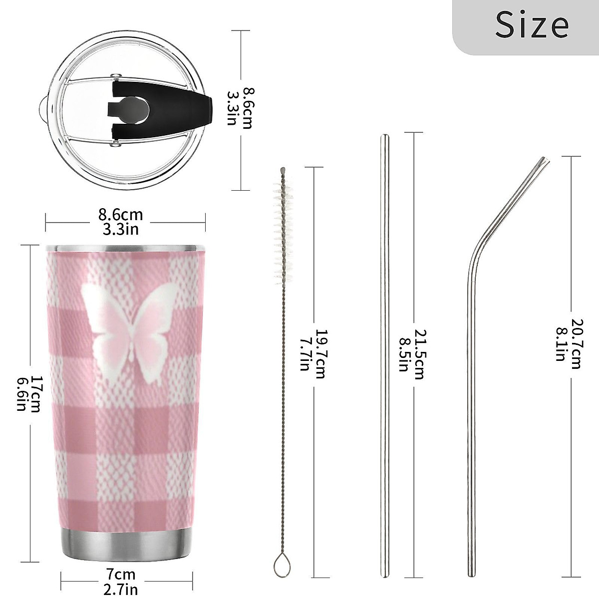 Amooorous Lovely Pink Lace Butterfly Plaid Stainless Steel insulated water bottle for home Leak-proof Lid and Straw coffee mug to go for camping vacuum insulated tumbler with lid vaso para