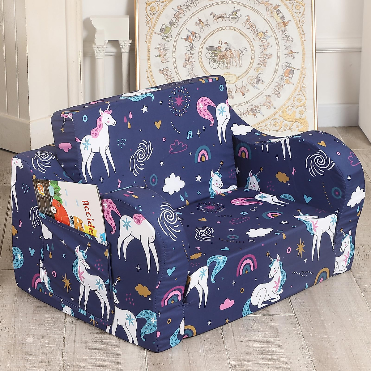 MOMCAYWEX Rainbow Unicorn Kids Sofa, 2-in-1 Kids Couch Fold Out, Convertible Sofa to Bed for Girls and Boys