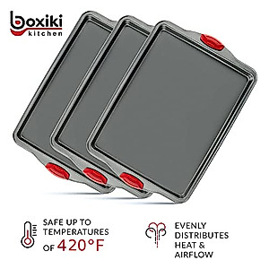 Nonstick Baking Sheet Tray Set of 3 - These Cookie Sheet Pans are Non-toxic, Dent, Warp, and Rust Resistant. Made with Heavy Gauge Carbon Steel for Oven Baking Sheets.