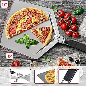 Pizza Peel Foldable Oven Paddle - 13 Inch Width & 15 Inch Length Plastic Handle with Easy Grip Stainless Steel Metal Spatula for Baking Dough Flat Bread and Cake