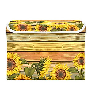 Kigai Storage Box with Lids for Organizing, Sunflowers Varicolored Wooden Foldable 300D Oxford Storage Organizer Bin for Shelves Bedroom Closet Dorm Home Decor