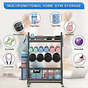 Yoga Mat Storage Rack, Home Gym Storage Yoga Mat Organizer Holder, Sehloran Dumbbell Rack With Hooks and Wheels, Weight Rack for Dumbbells and Kettlebells, Workout Equipment Weight Stand for Home Exercise and Fitness Gear (Metal)