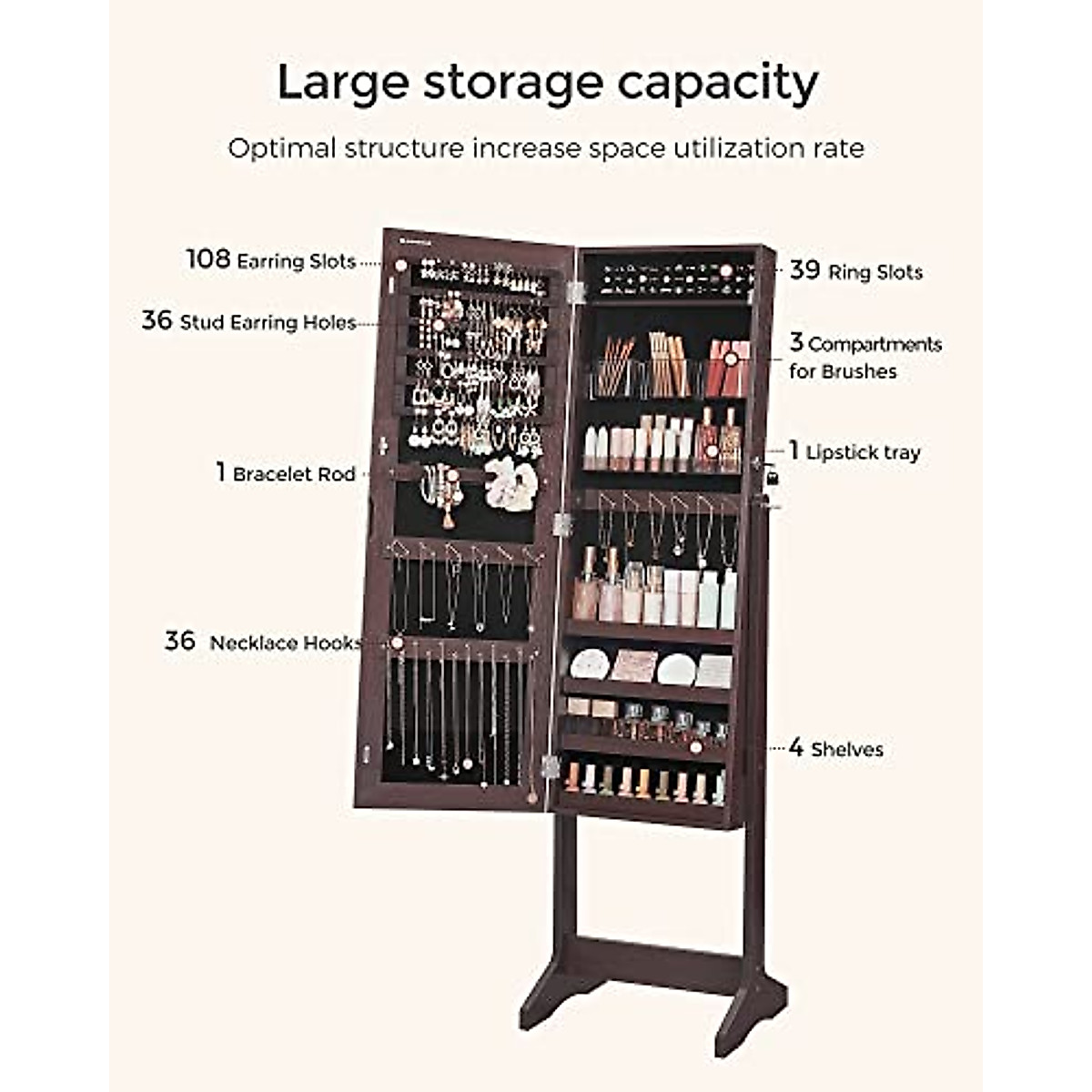 SONGMICS Jewelry Cabinet Armoire, Freestanding Lockable Storage Organizer Unit with 2 Plastic Cosmetic Storage, Full-Length Frameless Mirror, for Necklace Earring, Brown UJJC002K01