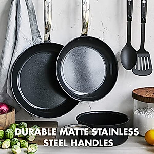GreenPan Chatham Prime Midnight Hard Anodized Healthy Ceramic Nonstick, 5 Piece Cookware Pots and Pans Set, Mixed Cooking Utensils, Stainless Steel Handles, PFAS-Free, Dishwasher Safe Oven Safe, Black