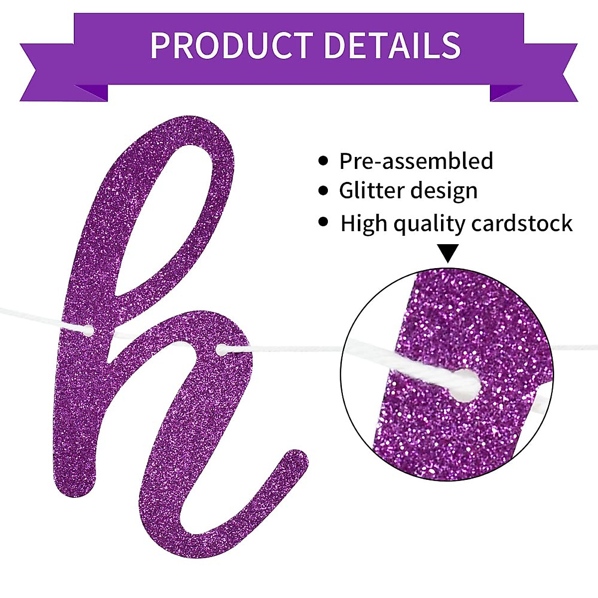 BEISHIDA Purple Happy Birthday Banner - NO DIY - Purple Birthday Party Banner in Script - Pre-Strung - Purple Glitter Birthday Garland Ready to Use Purple Birthday Party Decorations & Decor