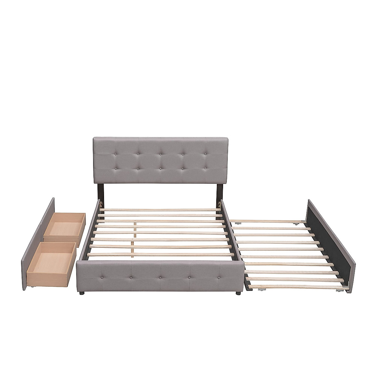 Bellemave Queen Size Platform Bed, Queen Linen Fabric Upholstered Platform Bed Frame with 2 Storage Drawers and 1 Twin XL Trundle, Ideal Bedroom Furniture, No Box Spring Needed (Light Gray)