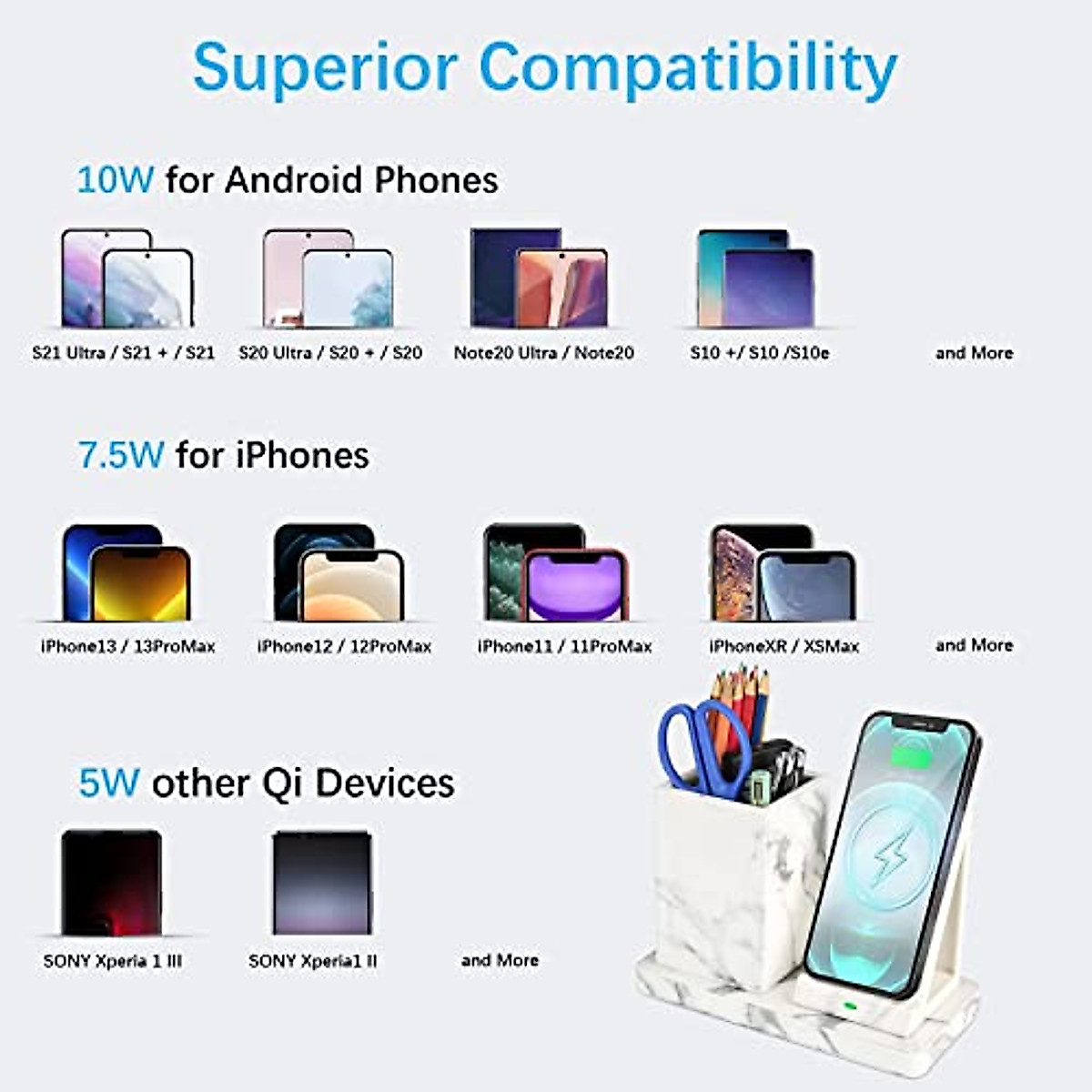 Wireless Charger with Desk Organizer, Wireless Charging Station for iPhone 14/14 Pro/13/12/11/Samsung Galaxy S23/S22/S21/S20/Note 20/Note 10, Wireless Charging Stand with Leather, Marble