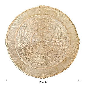 Yarlung 12 Pack Round Pressed Vinyl Placemats, 15 Inch Non-Slip Metallic Gold Table Decor Mat Hollow Out Laminated Place Mats for Christmas Decor, Wedding Accent, Table Centerpiece