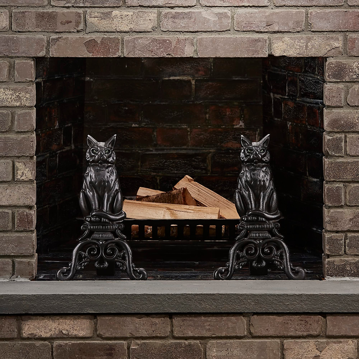UniFlame, A-1251, Black Cast Iron Cat Fireplace Andirons with Reflective Glass Eyes