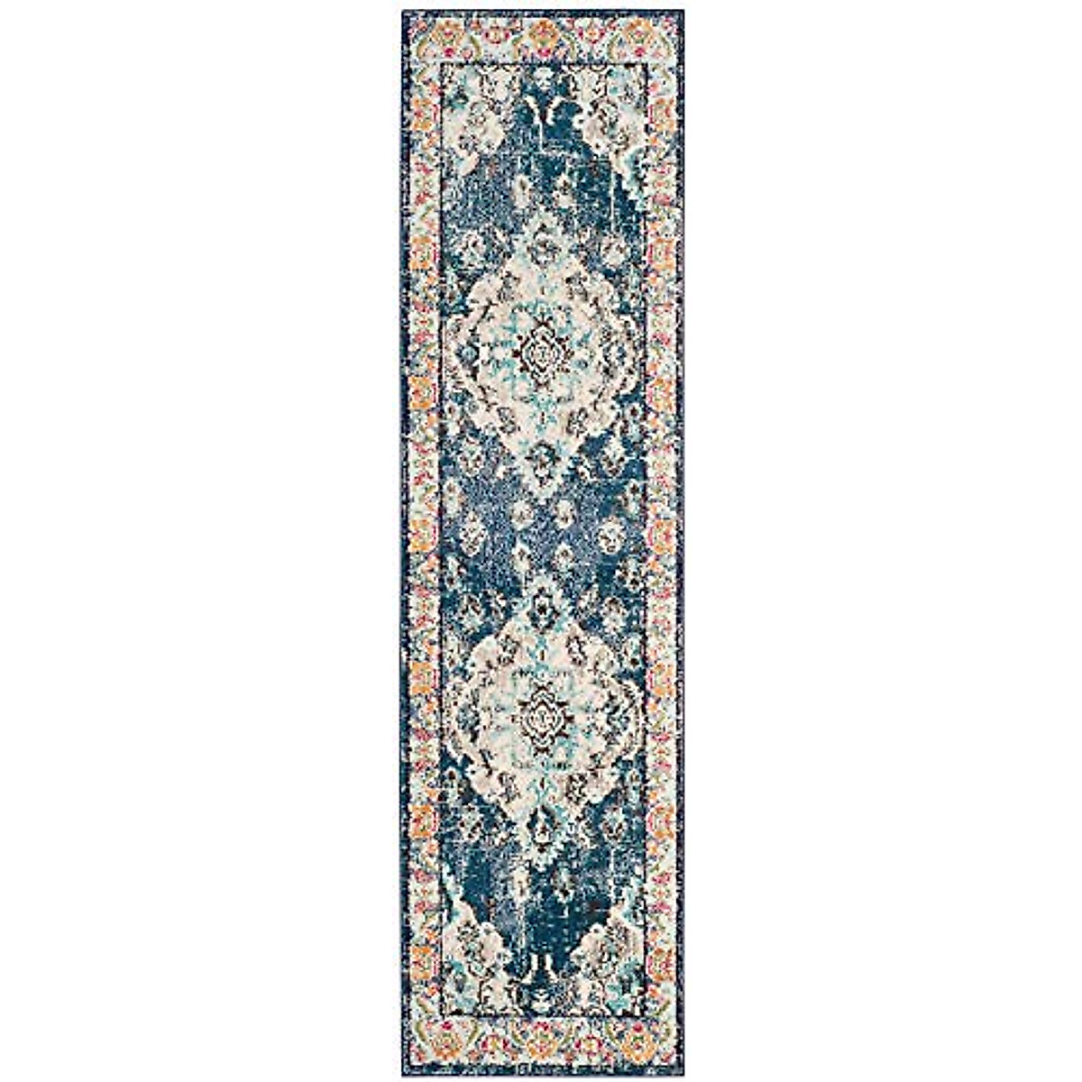 SAFAVIEH Monaco Collection Runner Rug - 2'2" x 12', Navy & Light Blue, Boho Chic Medallion Distressed Design, Non-Shedding & Easy Care, Ideal for High Traffic Areas in Living Room, Bedroom (MNC243N)