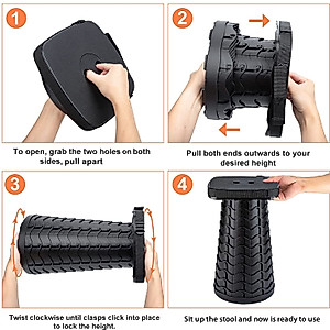 Outward Gear Upgraded Collapsible Stool Large Square Portable Folding Chair for Adults Camping Stool Sturdy Foldable Retractable Telescoping Stool (Black)