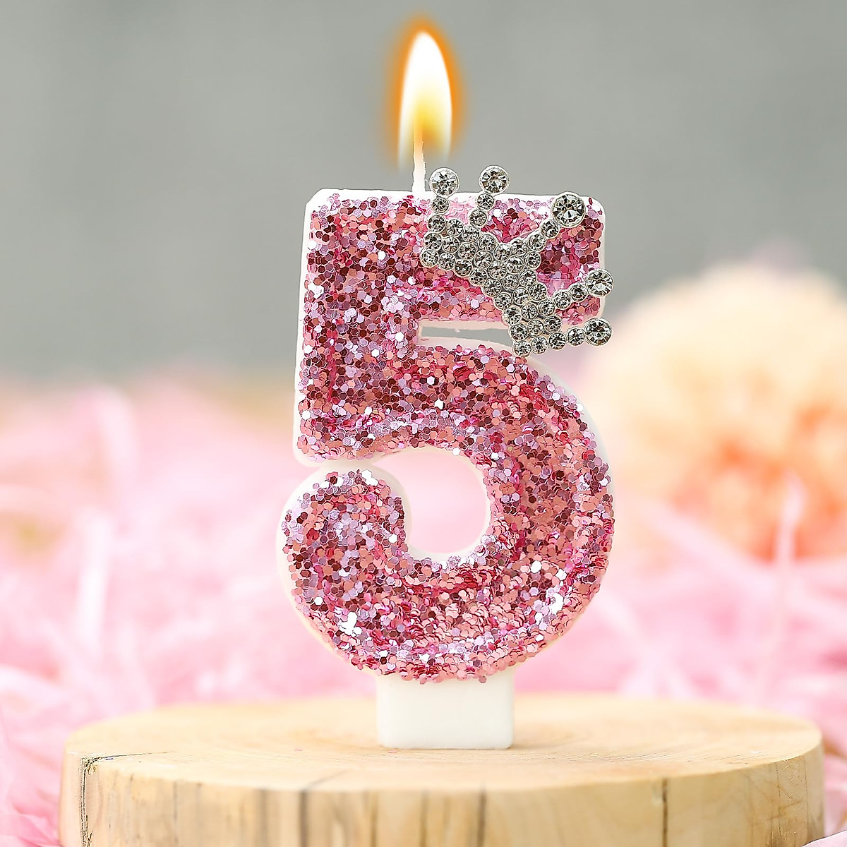 Birthday Number Candles,Pink Crown Birthday Candles for Cake,Glitter Number 5 Candle Cake Topper with Sequins for Girls,Women, Anniversary Celebrations Supplies (Pink 5)