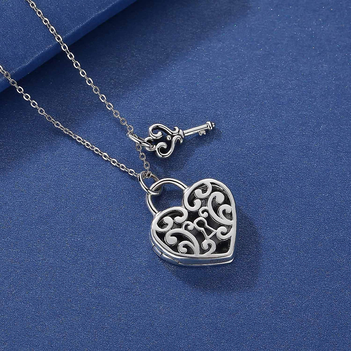 Cuoka Heart Locket Necklace That Hold Two Photos, 925 Sterling Silver Lock and Key Set, Mother Day Anniversary Birthday Gift for Women Girlfriend Daughter with Gift Box (Key & Heart)