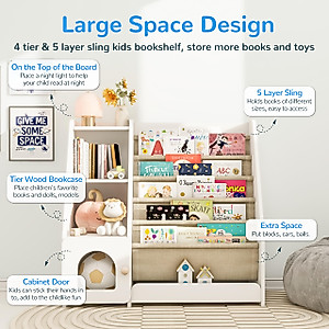 FKWin Kids Bookshelf, Kids Toy Storage Organizer, Baby Storage Book Rack, 4 Tier Kids Wooden Bookshelves, 5 Layer Sling Bookcase for Playroom, Bedroom, Living Room, Kids Room, Nursery, School(White)
