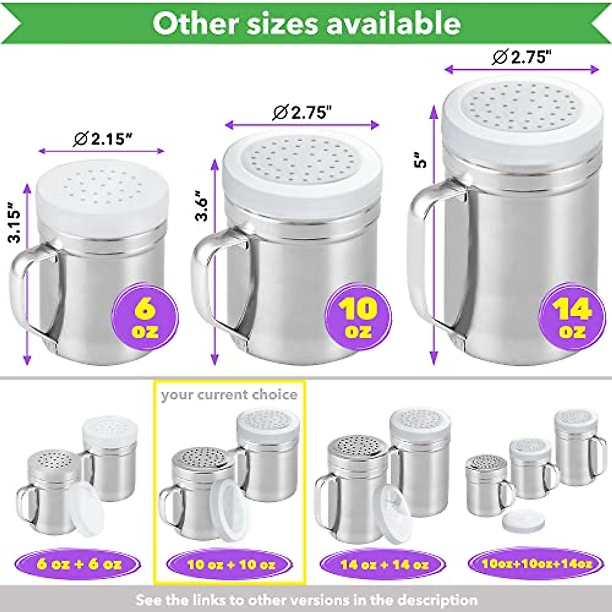 CUSINIUM Metal Salt Pepper Dredge Shakers - With Handle - Seasonings Spice Shakers With Holes and Lids - 10 Ounce, 2pcs