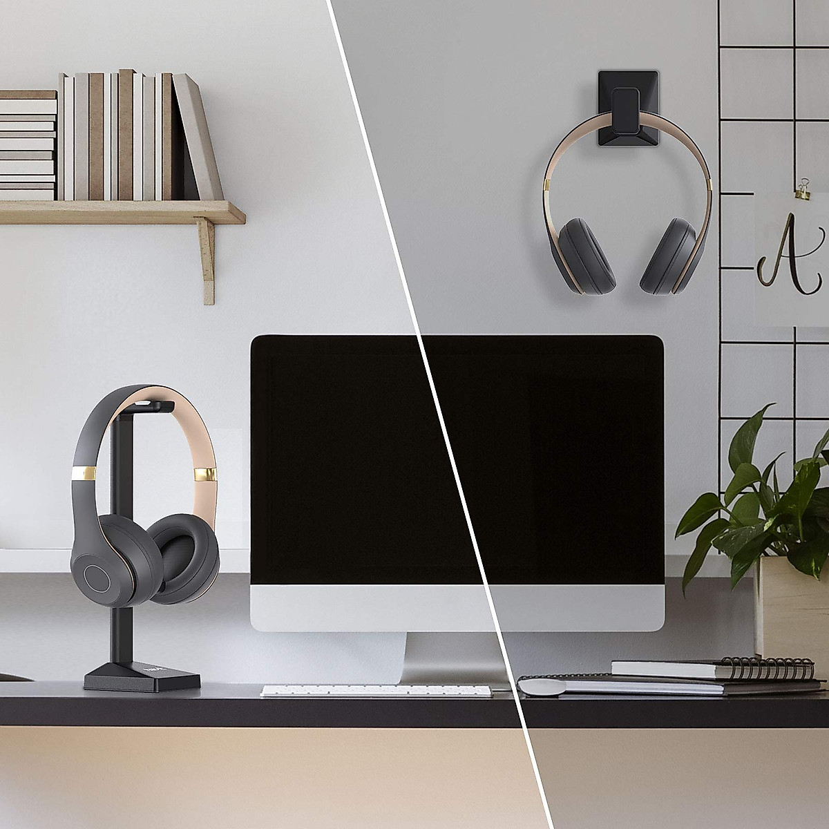 havit PC Gaming Headset Headphone Stand Holder Hanger Hook 2 in 1 Headphones Stand Aluminum Pole Solid Base Rubber Anti-Slip for Desk Wall Desk Compatible All Headphone