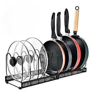 aceyoon Expandable Pots and Pans Organizer Under Cabinet with 10 Adjustable Compartment, Kitchen Pot Lid Organizer, Pan Rack Holder for Kitchen Cabinet Pantry Cookware Baking Frying Rack