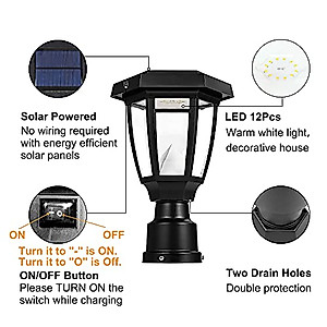 FUDESY LED Outdoor Solar Post Light, Waterproof Fence Post Lights Solar Powered, Plastic Black Solar Deck Post Lights for Garden Mount Landscape Yard Patio Pathway, Warm White, 3000K
